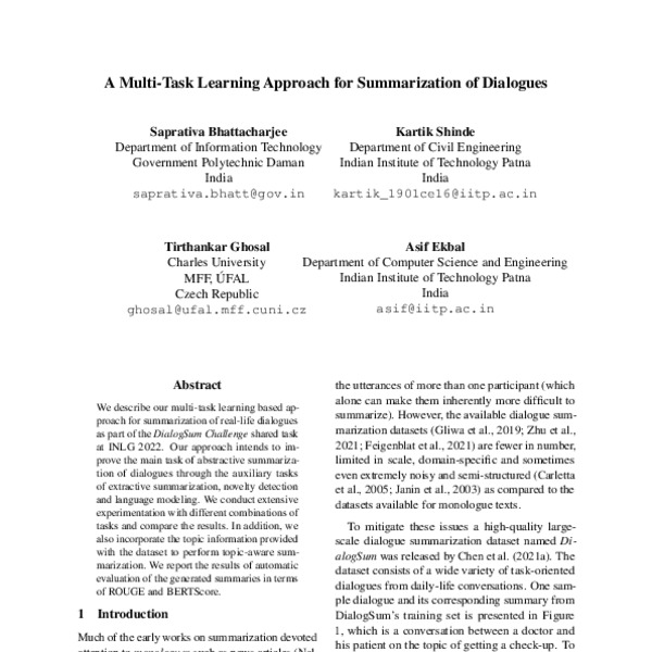 A Multi-Task Learning Approach for Summarization of Dialogues - ACL Anthology