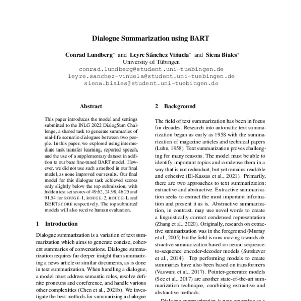 Dialogue Summarization using BART - ACL Anthology
