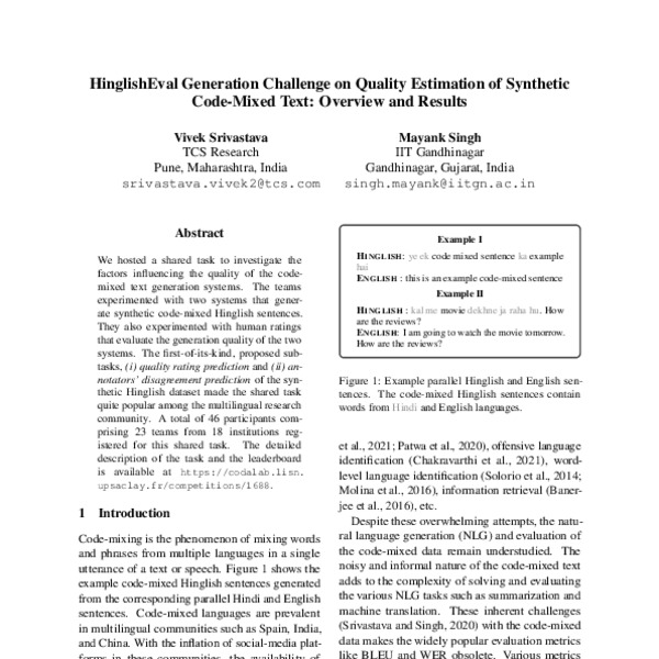 HinglishEval Generation Challenge on Quality Estimation of Synthetic Code-Mixed Text: Overview ...