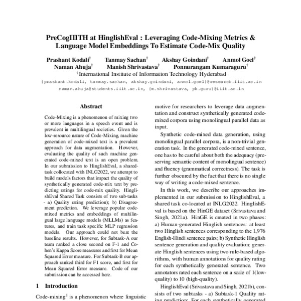 PreCogIIITH at HinglishEval : Leveraging Code-Mixing Metrics & Language Model Embeddings To ...