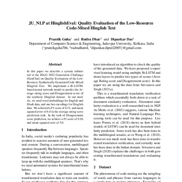 JU_NLP at HinglishEval: Quality Evaluation of the Low-Resource Code-Mixed Hinglish Text - ACL ...
