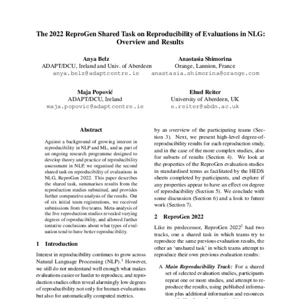 The 2022 ReproGen Shared Task on Reproducibility of Evaluations in NLG: Overview and Results ...