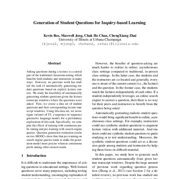 Generation of Student Questions for Inquiry-based Learning - ACL Anthology