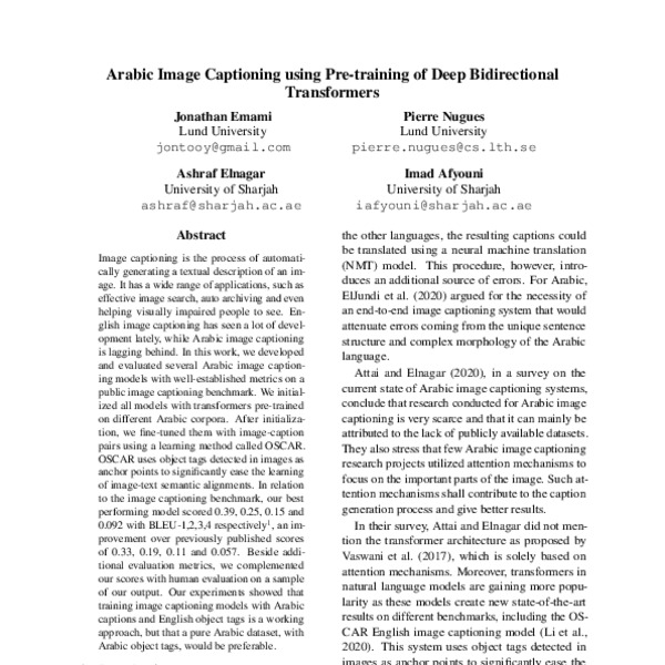 Arabic Image Captioning using Pre-training of Deep Bidirectional Transformers - ACL Anthology