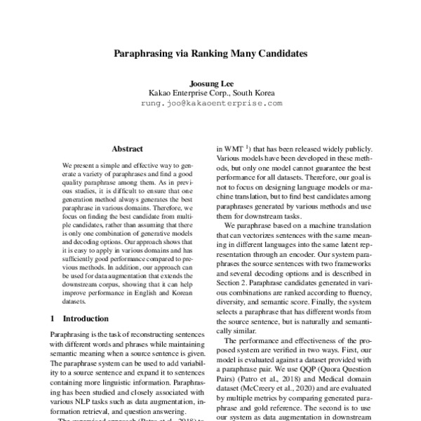 Paraphrasing via Ranking Many Candidates - ACL Anthology