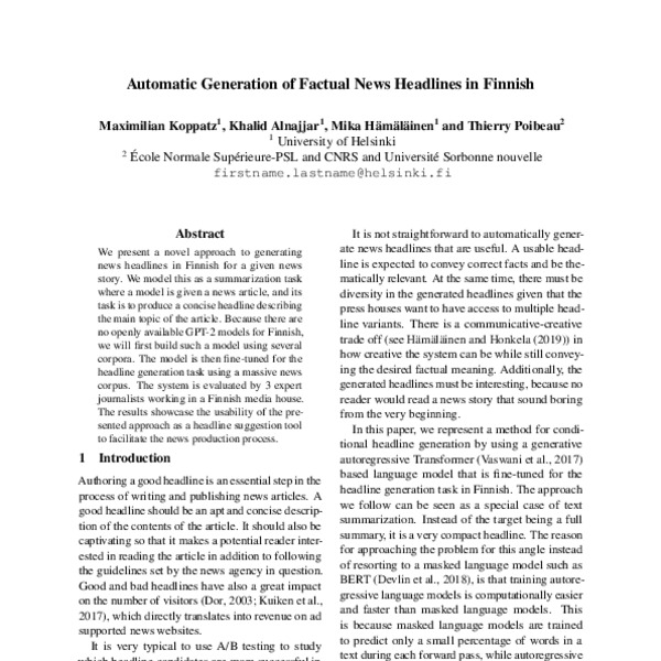 Automatic Generation of Factual News Headlines in Finnish - ACL Anthology