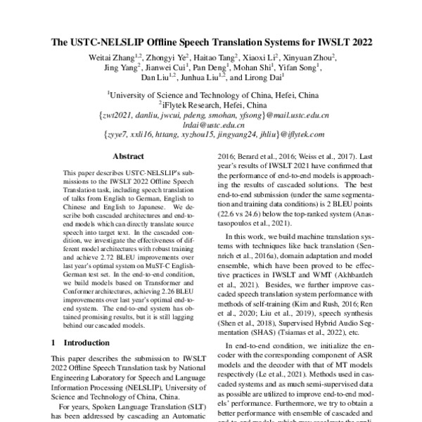 The USTC-NELSLIP Offline Speech Translation Systems for IWSLT 2022 - ACL Anthology