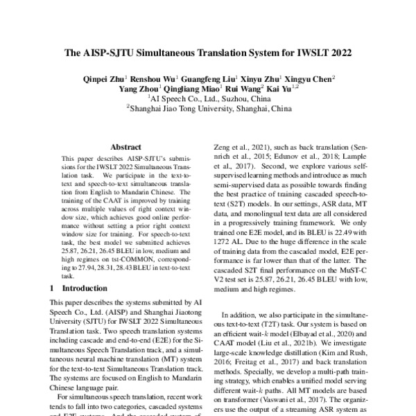 The AISP-SJTU Simultaneous Translation System for IWSLT 2022 - ACL Anthology