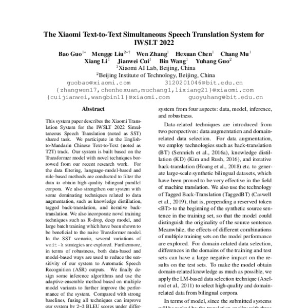 The Xiaomi Text-to-Text Simultaneous Speech Translation System for IWSLT 2022 - ACL Anthology