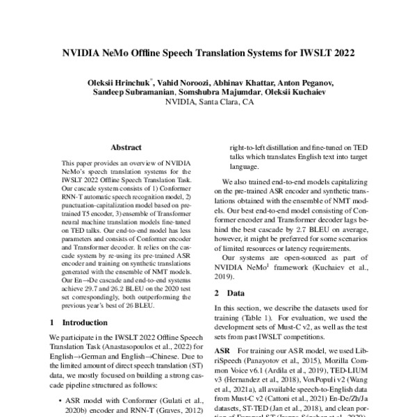 NVIDIA NeMo Offline Speech Translation Systems for IWSLT 2022 - ACL Anthology
