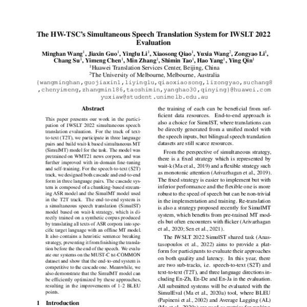 The HW-TSC’s Simultaneous Speech Translation System for IWSLT 2022 Evaluation - ACL Anthology