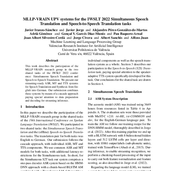 MLLP-VRAIN UPV systems for the IWSLT 2022 Simultaneous Speech Translation and Speech-to-Speech ...
