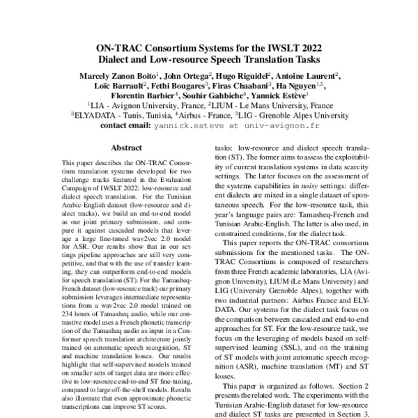 ON-TRAC Consortium Systems for the IWSLT 2022 Dialect and Low-resource Speech Translation Tasks ...