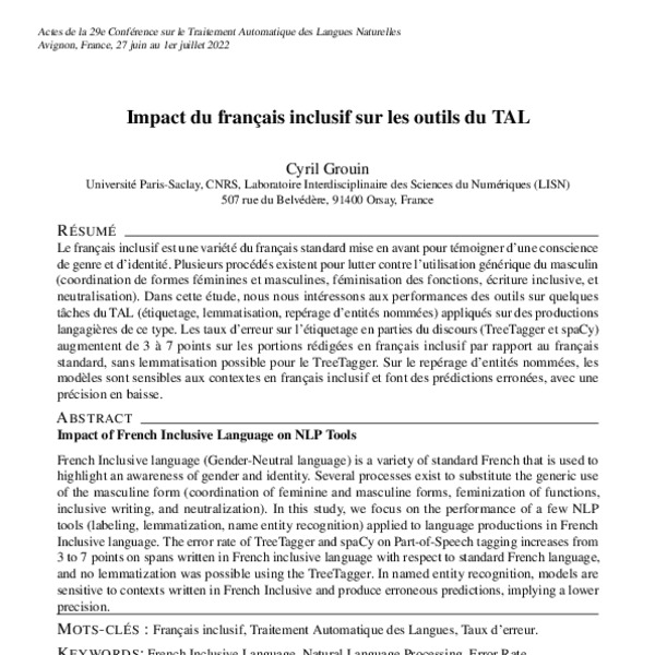 Impact du français inclusif sur les outils du TAL (Impact of French ...