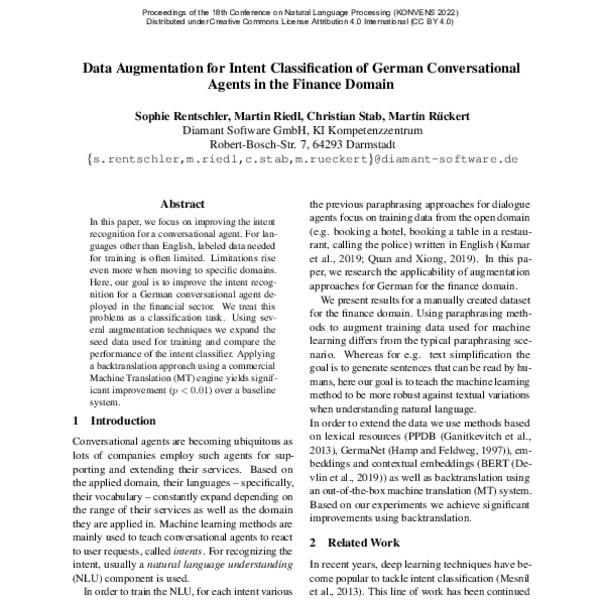 Data Augmentation for Intent Classification of German Conversational Agents in the Finance ...