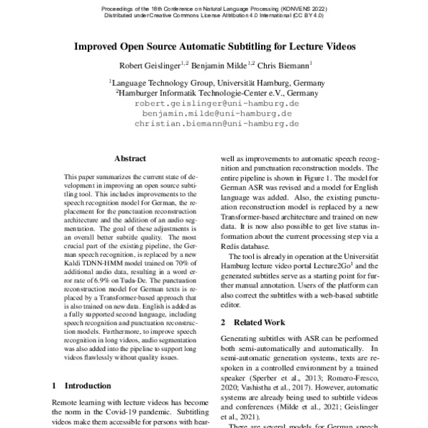 Improved Open Source Automatic Subtitling For Lecture Videos Acl Anthology
