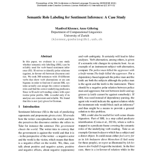 Semantic Role Labeling for Sentiment Inference: A Case Study - ACL Anthology