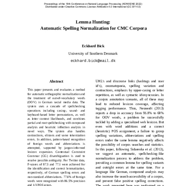 Lemma Hunting: Automatic Spelling Normalization for German CMC Corpora - ACL Anthology