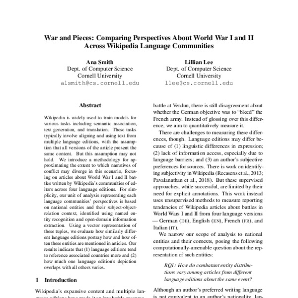 War and Pieces: Comparing Perspectives About World War I and II Across Wikipedia Language ...