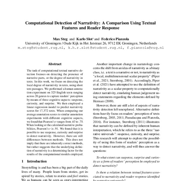 Computational Detection of Narrativity: A Comparison Using Textual Features and Reader Response ...