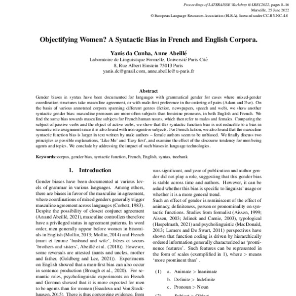 Objectifying Women? A Syntactic Bias in French and English Corpora ...