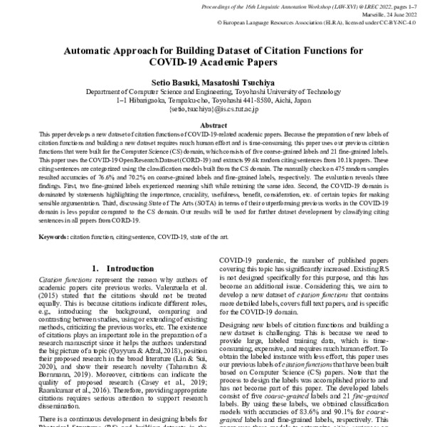 Automatic Approach for Building Dataset of Citation Functions for COVID ...