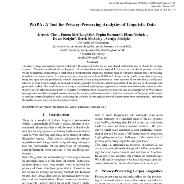 PriPA: A Tool for Privacy-Preserving Analytics of Linguistic Data - ACL Anthology