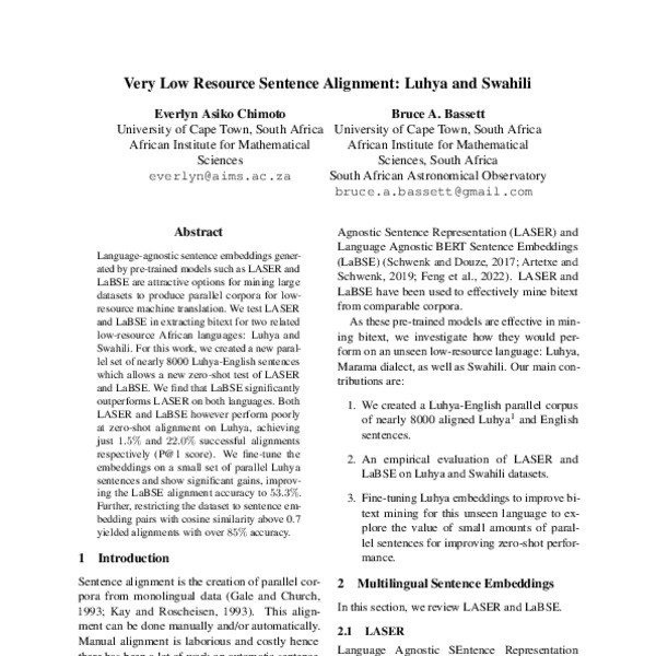 Very Low Resource Sentence Alignment: Luhya and Swahili - ACL Anthology