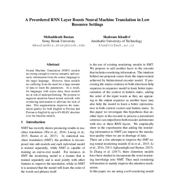 A Preordered Rnn Layer Boosts Neural Machine Translation In Low Resource Settings Acl Anthology