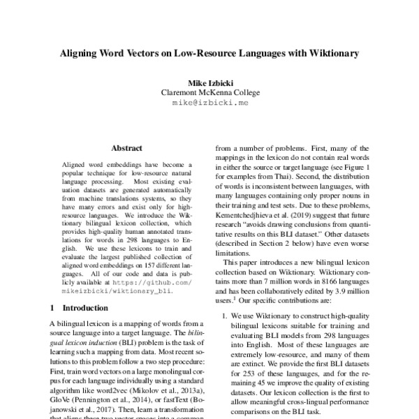 Aligning Word Vectors on Low-Resource Languages with Wiktionary - ACL ...