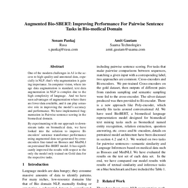 Augmented Bio-SBERT: Improving Performance for Pairwise Sentence Tasks in Bio-medical Domain ...