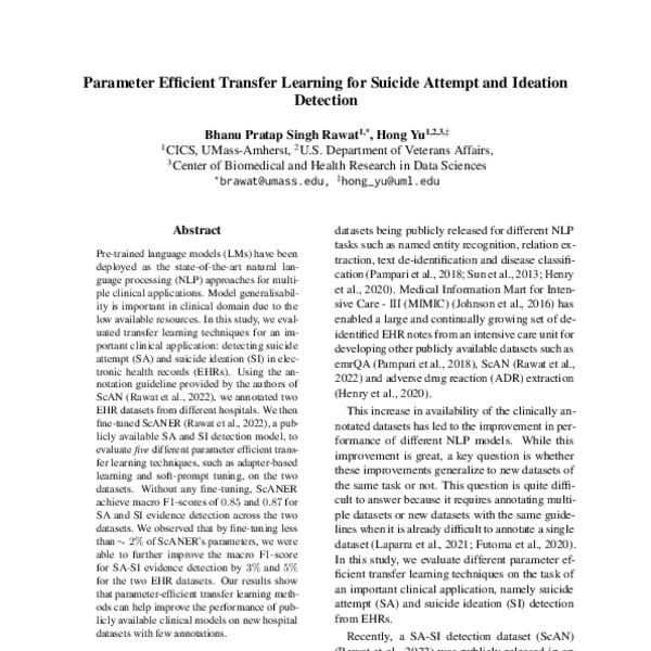 Parameter Efficient Transfer Learning For Suicide Attempt And Ideation