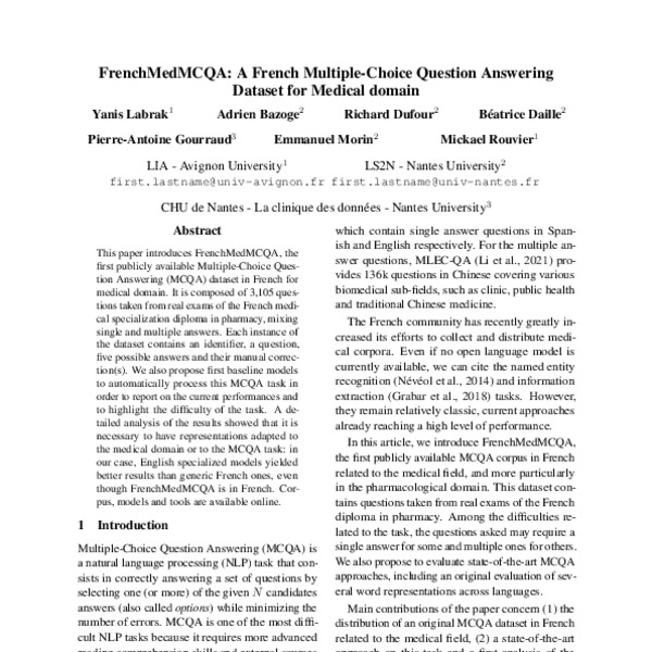 FrenchMedMCQA: A French Multiple-Choice Question Answering Dataset for Medical domain - ACL ...