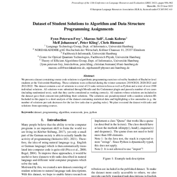 Dataset of Student Solutions to Algorithm and Data Structure ...