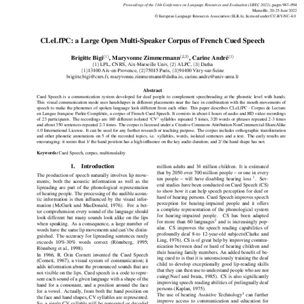 CLeLfPC: a Large Open Multi-Speaker Corpus of French Cued Speech - ACL Anthology