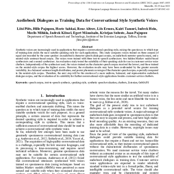 Audiobook Dialogues as Training Data for Conversational Style Synthetic Voices - ACL Anthology