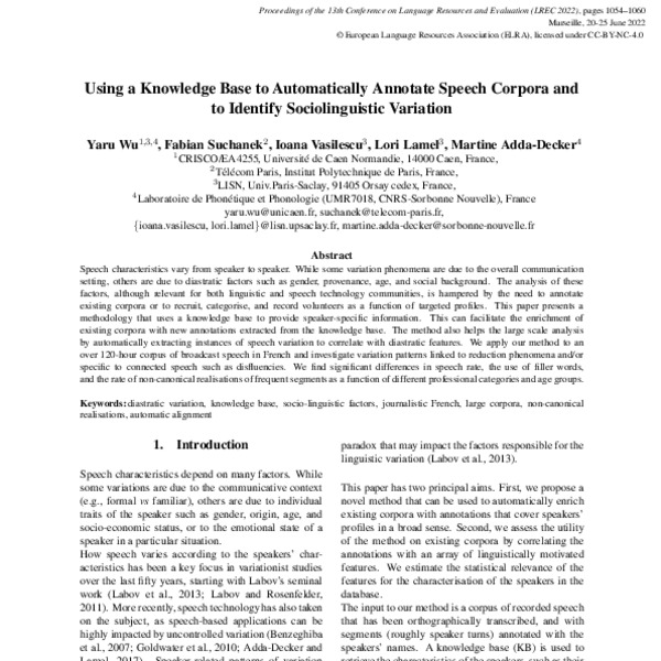 Using a Knowledge Base to Automatically Annotate Speech Corpora and to Identify Sociolinguistic ...