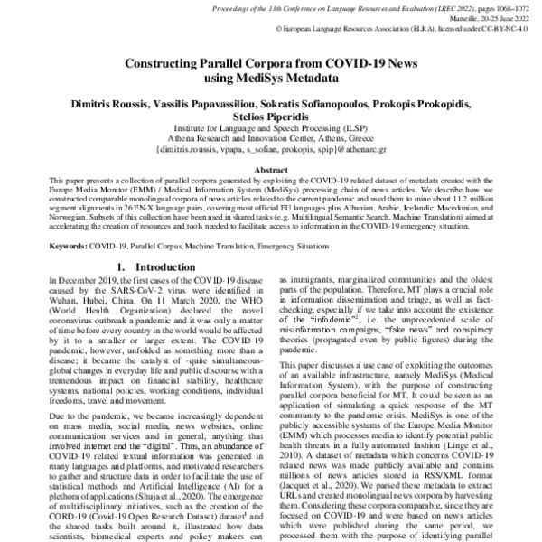 Constructing Parallel Corpora from COVID-19 News using MediSys Metadata - ACL Anthology