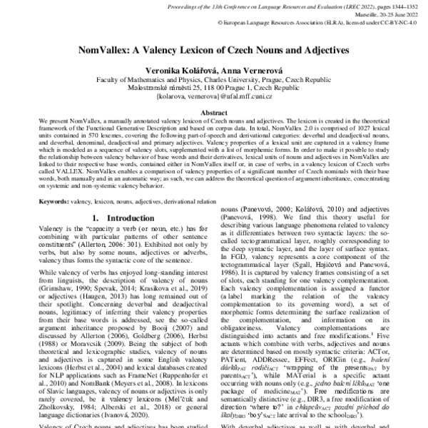 NomVallex: A Valency Lexicon of Czech Nouns and Adjectives - ACL Anthology