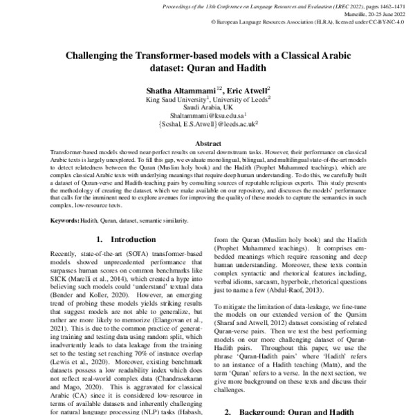 Challenging the Transformer-based models with a Classical Arabic dataset: Quran and Hadith - ACL ...