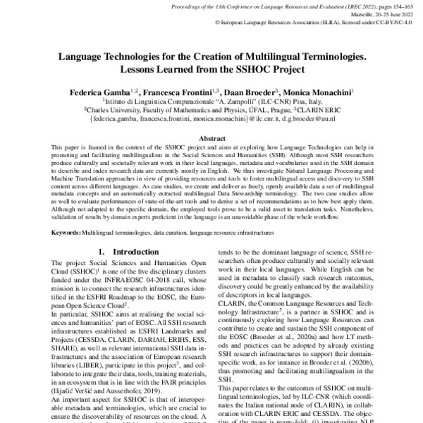 Language Technologies for the Creation of Multilingual Terminologies. Lessons Learned from the ...