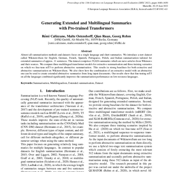Generating Extended and Multilingual Summaries with Pre-trained Transformers - ACL Anthology