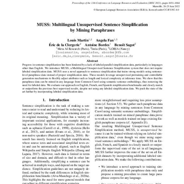 MUSS: Multilingual Unsupervised Sentence Simplification by Mining Paraphrases - ACL Anthology