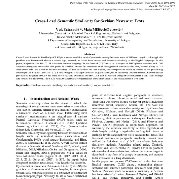 Cross-Level Semantic Similarity for Serbian Newswire Texts - ACL Anthology