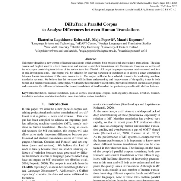 DiHuTra: a Parallel Corpus to Analyse Differences between Human Translations - ACL Anthology