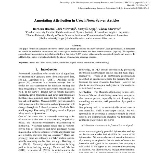 Annotating Attribution in Czech News Server Articles - ACL Anthology