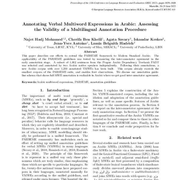Annotating Verbal Multiword Expressions in Arabic: Assessing the Validity of a Multilingual ...