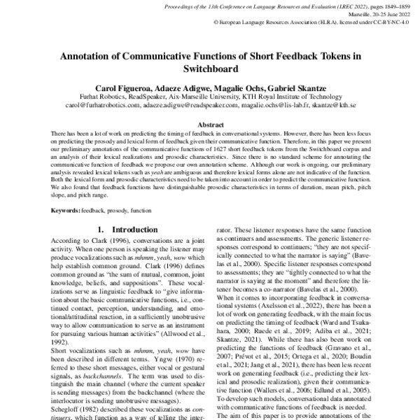 Annotation of Communicative Functions of Short Feedback Tokens in Switchboard - ACL Anthology