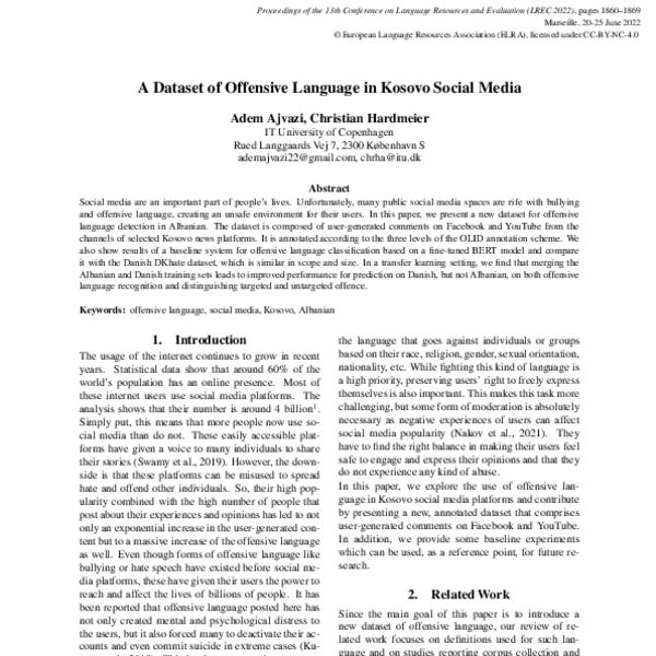 A Dataset of Offensive Language in Kosovo Social Media - ACL Anthology