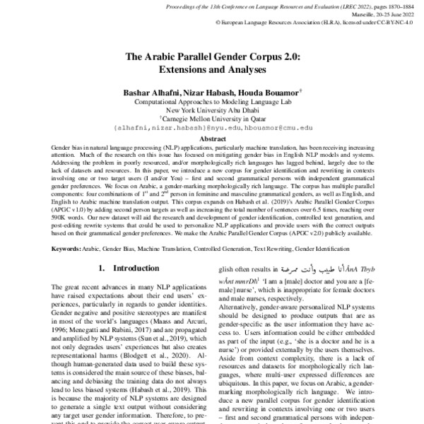 The Arabic Parallel Gender Corpus 2.0: Extensions and Analyses - ACL ...